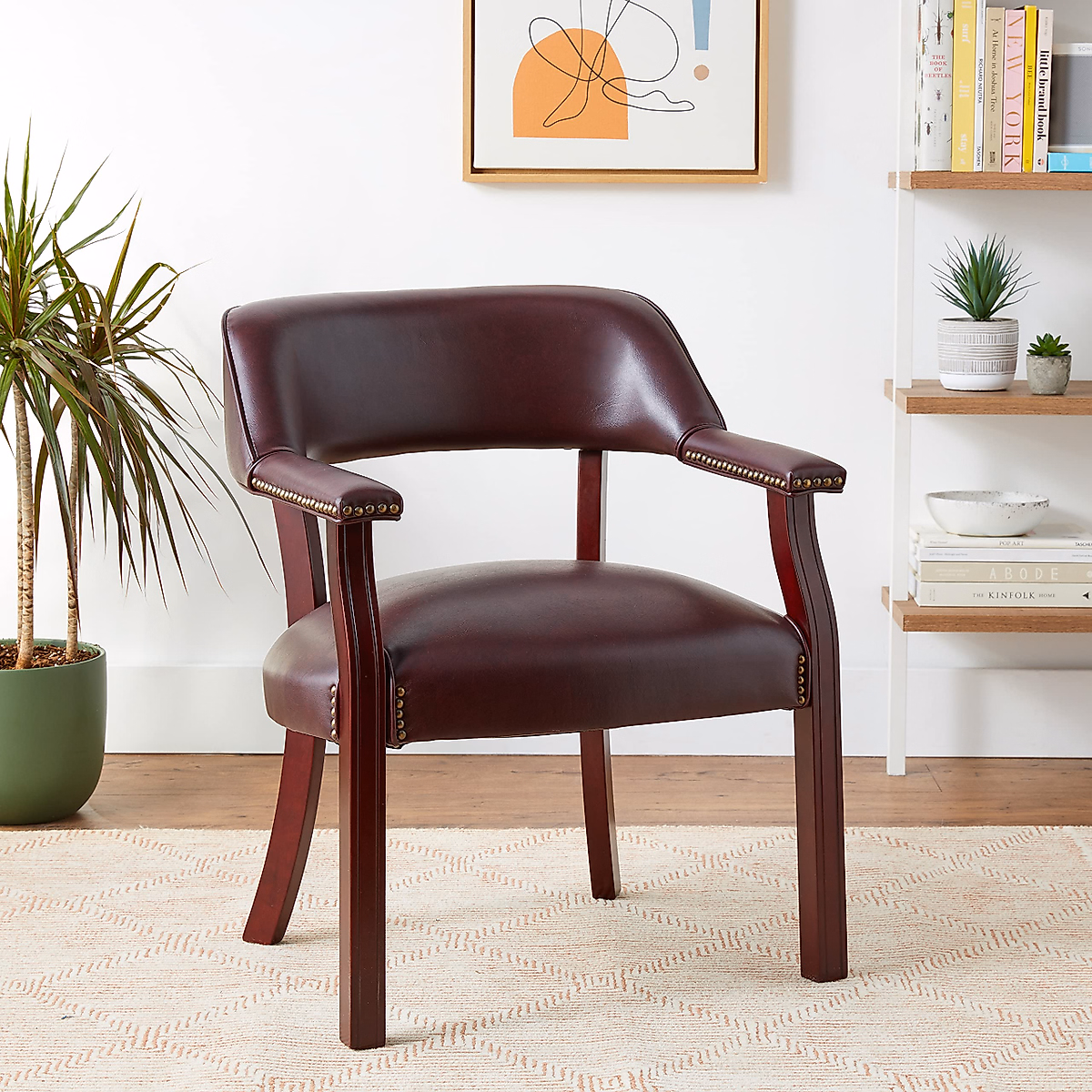 Office Star Padded Vinyl Seat and Back Traditional Guest Chair with Nailhead Accents and Mahogany Finish Wood Frame, Jamestown