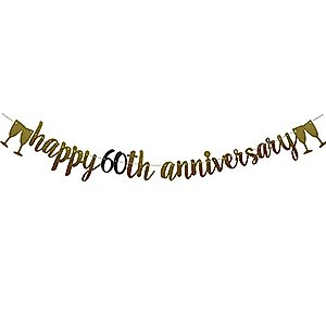 Happy 60th Anniversary Banner,Pre-Strung, Gold And Black Glitter Paper Party Decorations for 60th Wedding Anniversary Party Supplies Letters Black And Gold Betteryanzi