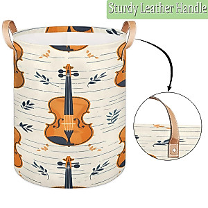 Custom Round Collapsible Laundry Baskets Violin Leaves Customized Large Toy Basket Personalize Hamper Dorm Bathroom Playroom Room Decor 16x20.8 Inch