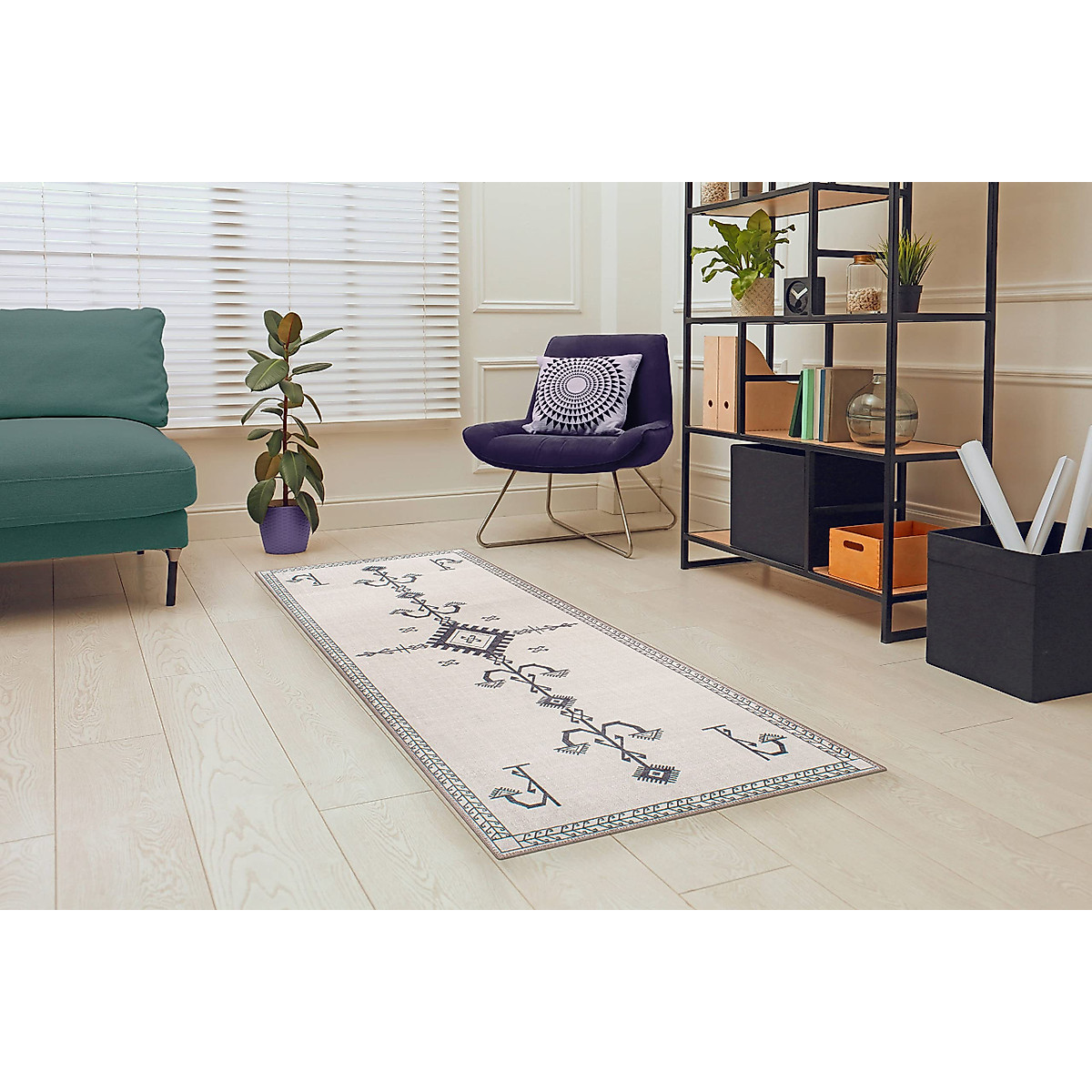 GLN Rugs Bohemian Collection - Machine Washable Area Rug, Bohemian Vintage Washable Rug, Non Slip Area Rug, Low Pile Chenille Living Room Rug, Bedroom Rug, Bathroom Rug (2'x3' Beige Rug)