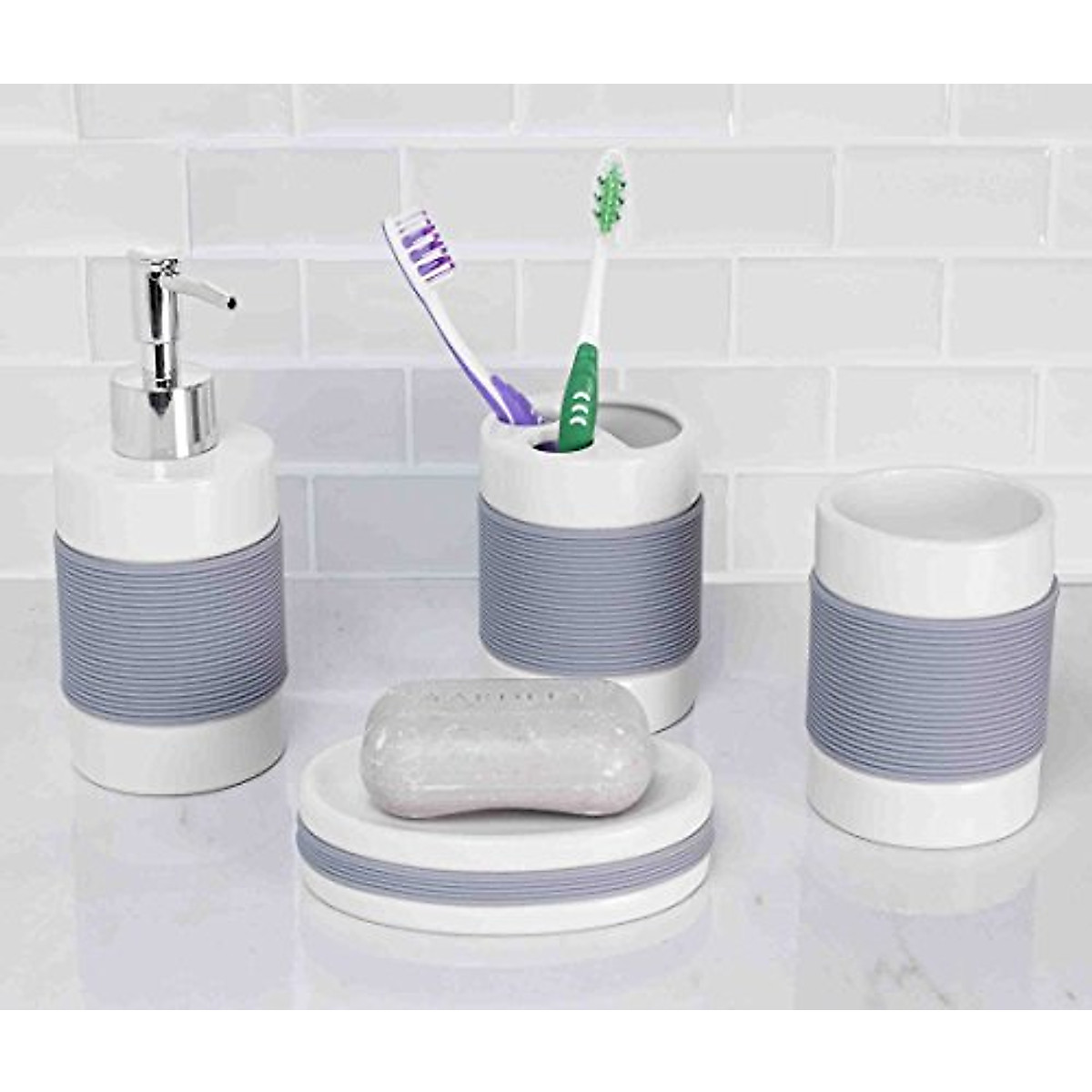 Home Basics 4 Piece Bath Accessory Set with Rubber Grip, Featuring Soap Dish, Toothbrush Holder, Tumbler, Soap Dispenser, White