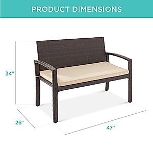 Best Choice Products Outdoor Bench 2-Person Wicker Garden Patio Benches Seating Furniture for Backyard, Porch w/Seat Cushion, 700lb Capacity - Brown/Tan