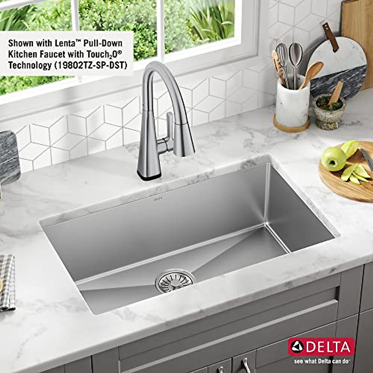 DELTA FAUCET Delta Lenta 30-inch Undermount 16 Gauge Stainless Steel Single Bowl Kitchen Sink with Accessories, 953034-30S-SS, Satin