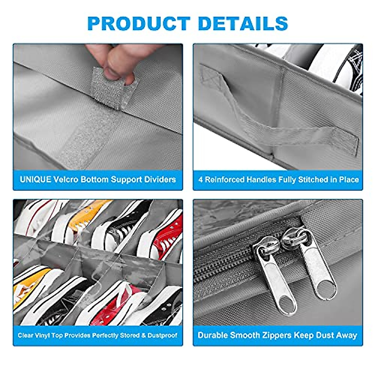 INAYA Under Bed Shoe Storage Organizer Set of 2, Fits 32 Pairs, Underbed Shoe Box Storage Containers Adjustable Dividers w/Bottom Support Velcro, Clear Foldable Shoes Storage w/Reinforced Handles