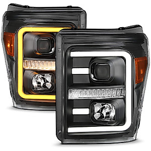 AmeriLite Replacement Headlights for 2011-2016 Ford F250/350/450 Super Duty Switchback LED Tube Projector Black Assembly Set - Passenger and Driver Side