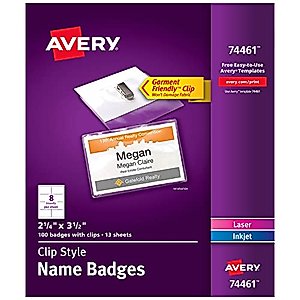 Avery Clip Name Badges, Print or Write, 2.25" x 3.5", 100 Inserts & Badge Holders with Clips (74461)