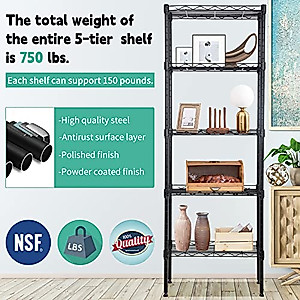 XXkseh 5 Tier Storage Shelves Wire Shelving Unit Adjustable Metal Shelf Heavy Duty Garage Storage Rack Wire Shelves Display Rack for Laundry Livingroom Kitchen, 16.7" L×11.8" W×47.6" H, Black