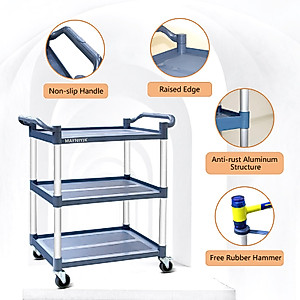 MAYNIYJK Utility Carts with Wheels, 3-Tire Restaurant Cart, Heavy Duty Rolling Cart Food Service Cart 420lbs, Plastic Bus Cart with Lockable Wheels and Rubber Hammer for Warehouse/Office/Kitchen, Grey