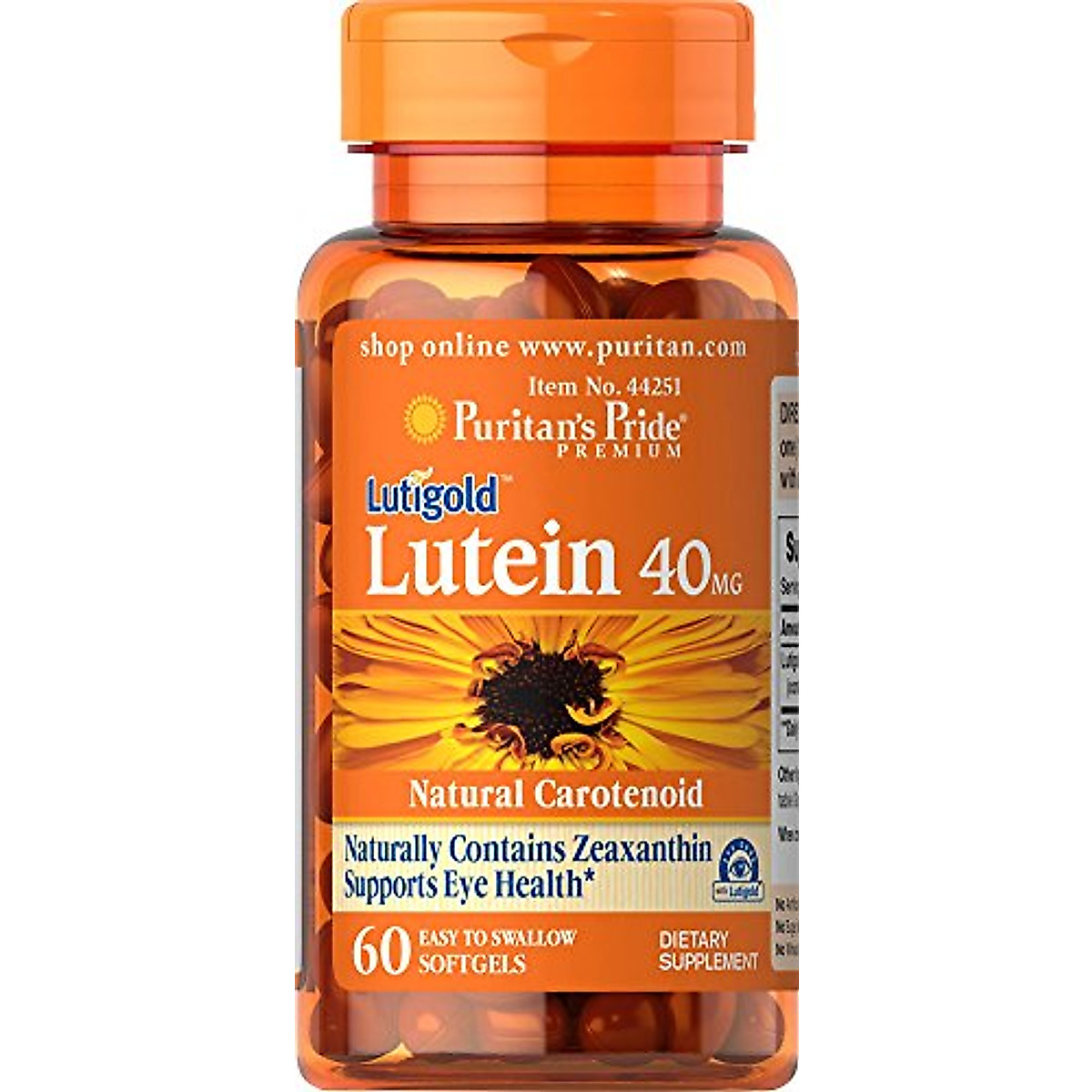 Lutein 40 Mg with Zeaxanthin, Helps Support Eye Health*, Whole Bean, 60 Ct, by Puritan's Pride