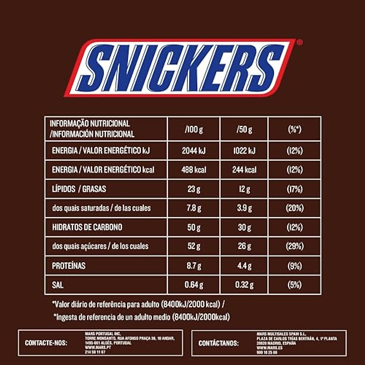 Snickers Bar with Caramel and Roasted Peanuts Chocolate Covered, 24 bars x50g (1200g)