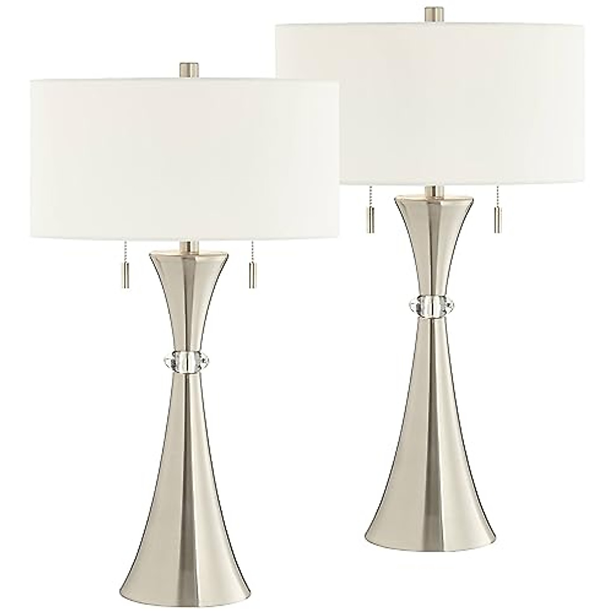 360 Lighting Rachel 28" Tall Concave Column Modern Table Lamps Set of 2 Pull Chain WiFi Smart Socket Silver Metal Living Room Bedroom Bedside Nightstand House Office Home Reading White Shade