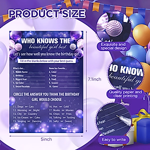 RUMIA 50 Pcs Who Knows The Birthday Girl Best Game Cards Purple Birthday Party Activity Game Card for Kids Teens Girls Notebook Themed Party Sleepover Slumber Party Games Girl Birthday Supplies