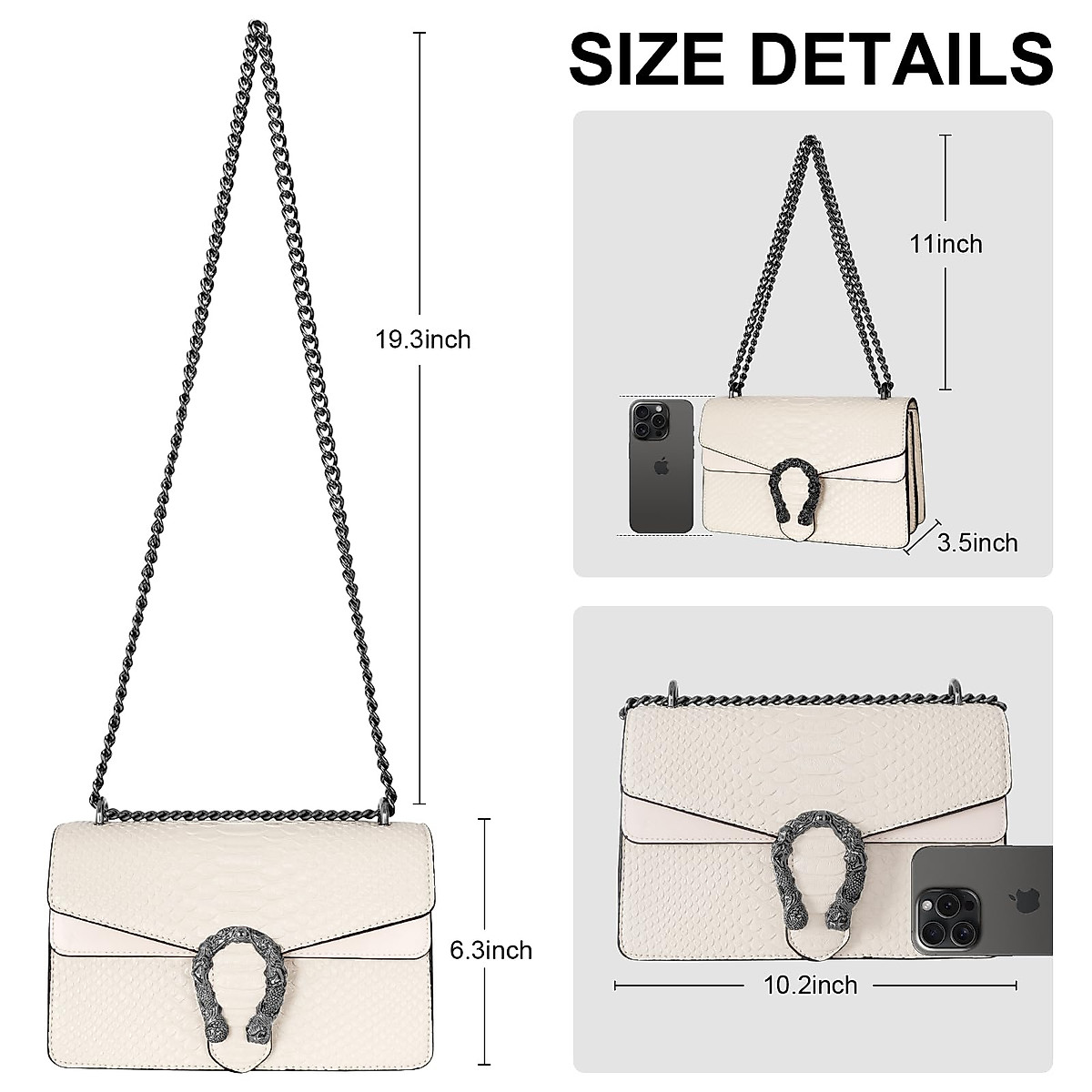 Aiqudou Crossbody Shoulder Square Purse For Women - Fashion Embossed Snake-Print Leather Handbag Metal Chain satchel Tote Bag