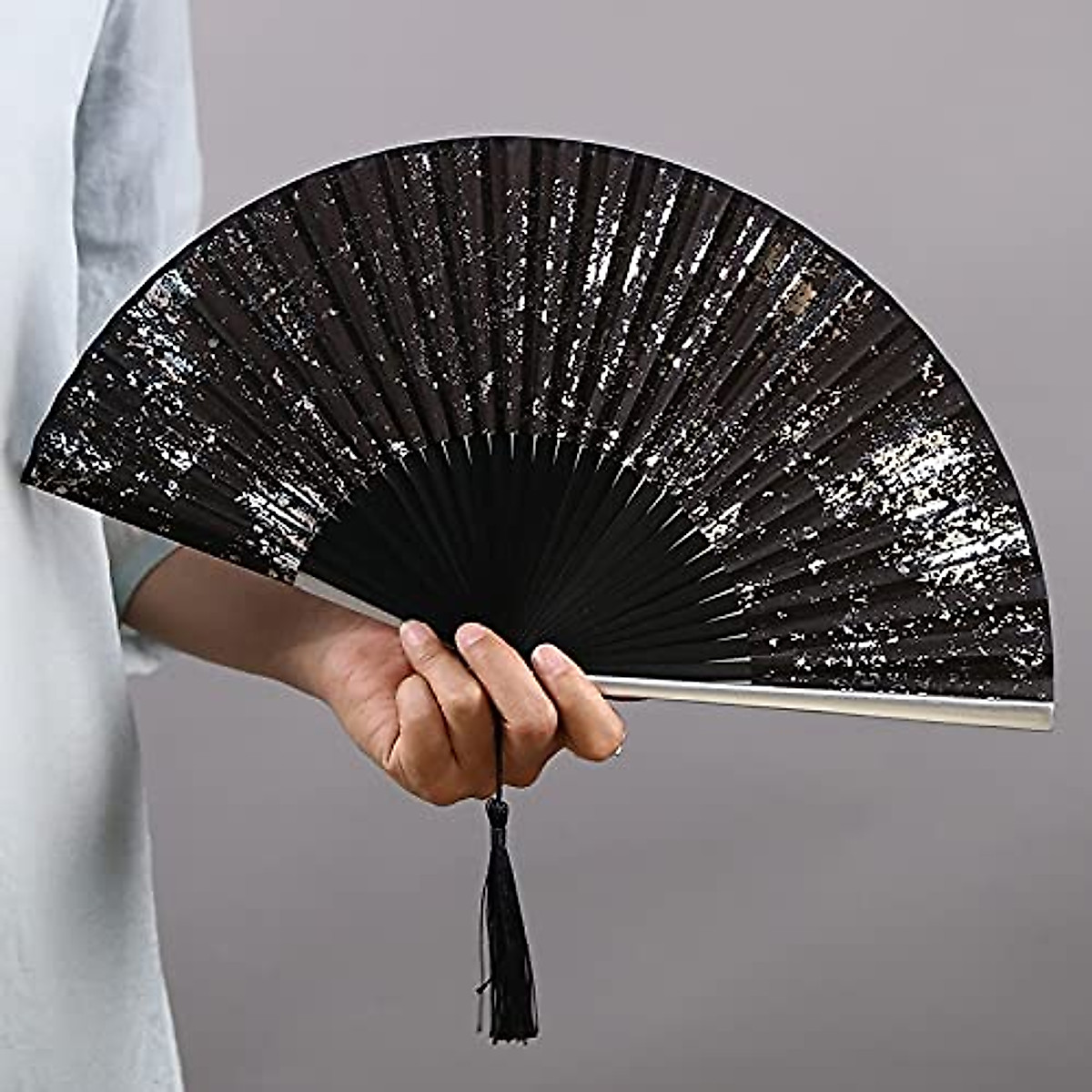 BICCQ Hand Held Folding Fan Chinese Classical Men's and Women's Portable Display Gifts (Gold,Silver) (Color : Silver)