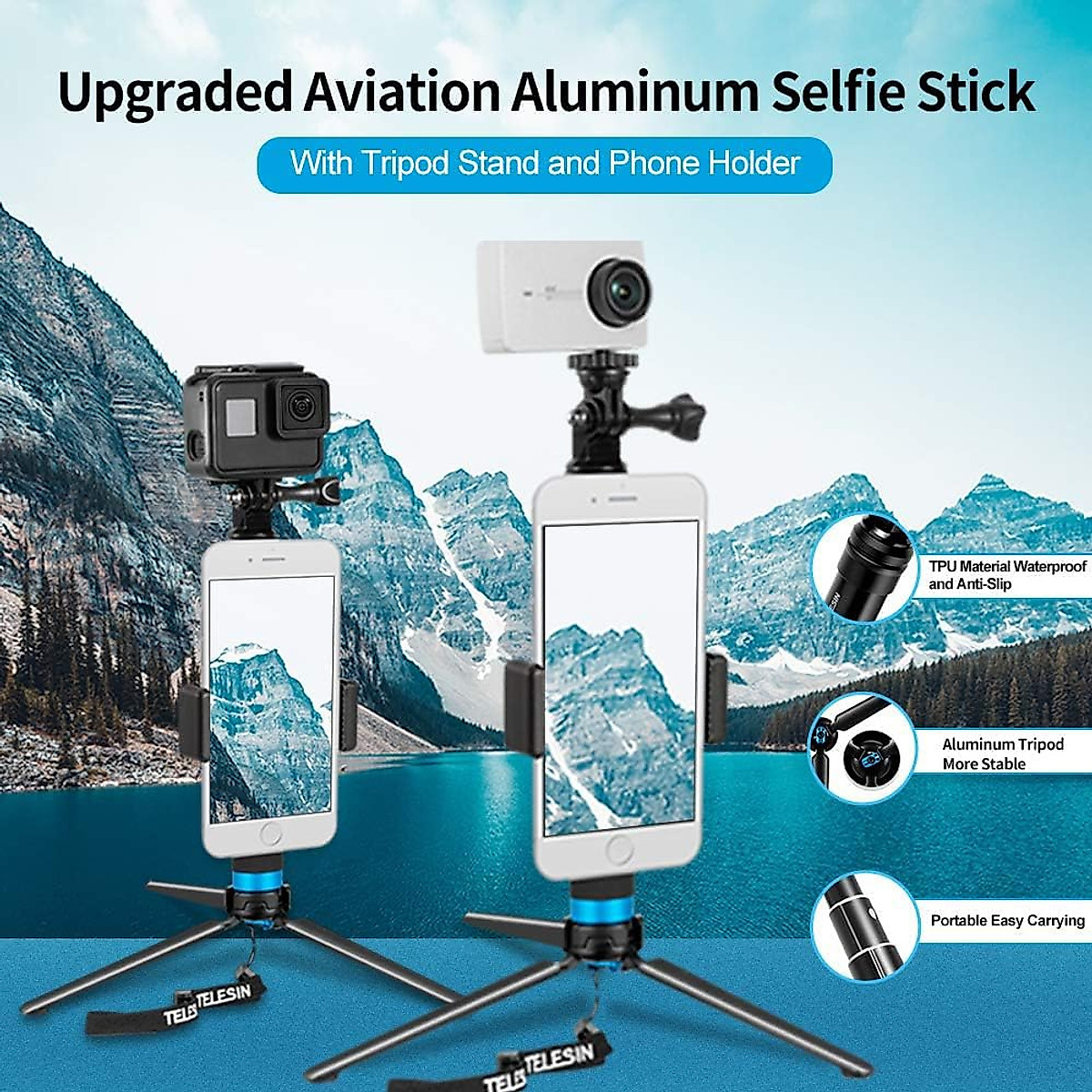 Selfie Stick Tripod Stand w Phone Mount, 35.4" TELESIN Aluminum Extension Pole Monopod for GoPro Max Go Pro Hero 12 11 10 9 8 7 6 5, Insta360 X3 Insta 360 Go 2 Go 3, DJI Action 3 4 Accessories
