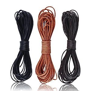 SOSMAR 3 Rolls 5.5 Yard X 1MM Cowhide Round Leather Cords Rope String for Jewelry Making Bracelet Necklace Jewelry Making Lanyards DIY Crafts, Black, Dark Brown, Natural Brown Genuine Leather Cord