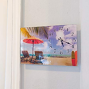 Wall Clock Glass Beach Chairs Decorative 8" x12 Inch Beach Theme Perfect Decor for Kitchen Bathroom Office Battery Operated Clocks Great Nautical Theme for Bedroom Ocean Decoration Ticking Tropical