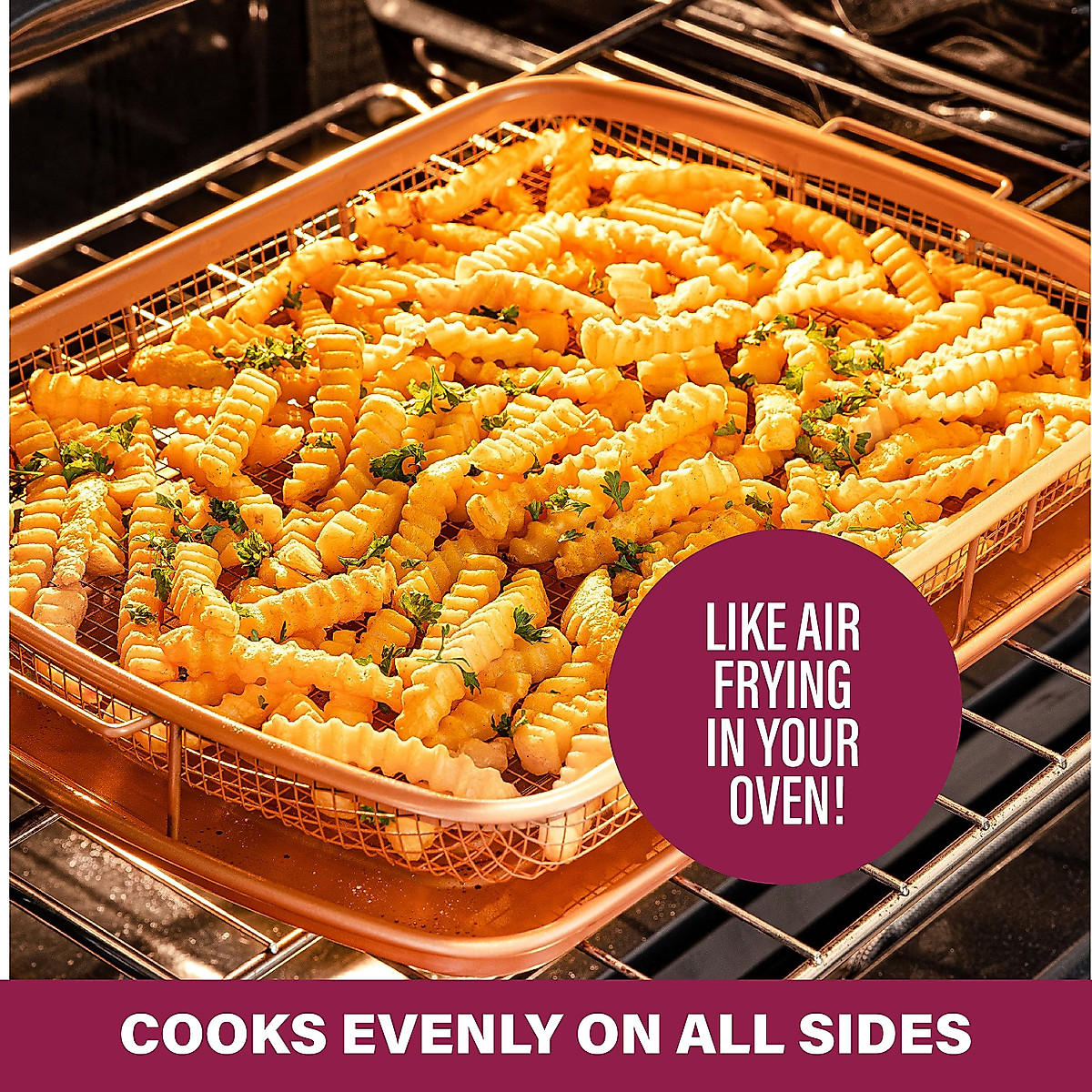 Gotham Steel Air Fryer Tray, 2 Piece Nonstick Copper Crisper Air Fry Basket For Convection Oven, Also Great For Baking & Crispy Foods, Dishwasher Safe – Large, 12.5” x 9”