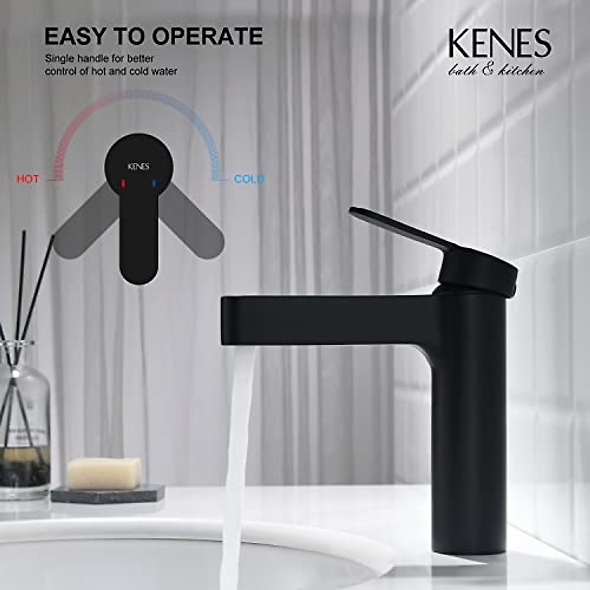 KENES Single Handle Bathroom Faucet, Matte Black Modern Single Hole Bathroom Sink Faucet with Deck Plate, Stainless Steel Lavatory Vanity Faucet Supply Lines Included, KE-9010-2