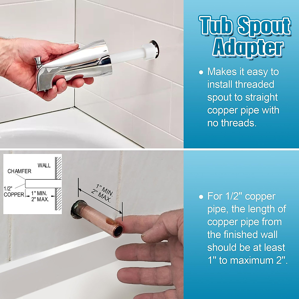 Dreyoo Four in One Tub Spout Adapter, Threaded Bathtub Faucet Adapter Slip Fit for Copper (Compatible with 1/2'' Copper Pipe, 1/2'' and 3/4'' Pipe Thread), Bathtub Spout Adapter Kit with Assembly Tool