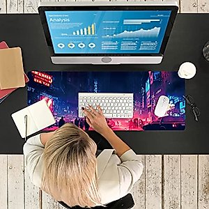 Ovenbird Large Gaming Mouse Pad with Stitched Edges, Cyberpunk Neon City Desk Mat, Extended XL Mousepad with Anti-Slip Base, Cool Desk Pad for Keyboard and Mouse, 31.5 x 11.8 in, Black