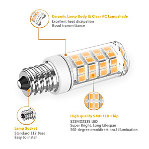 YUIIP E12 LED Bulb 5W Equivalent to 40W Halogen Bulb, Warm White 3000K, Candelabra Base E12 Light Bulbs for Ceiling Fan, Chandelier, Home Lighting, Non-dimmable, 6 Pack