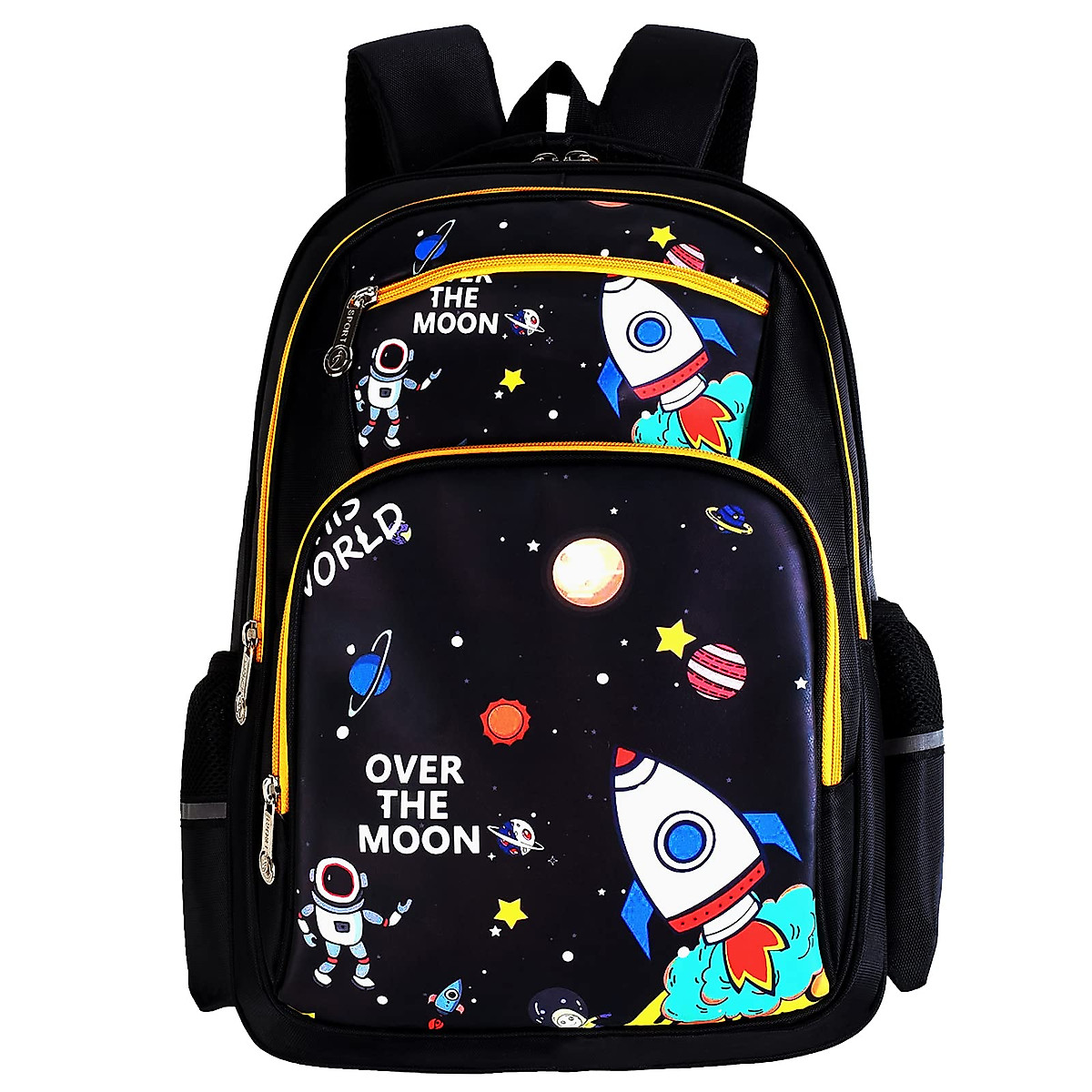 Rafaelle Kids Backpack for Boys Elementary Kindergarten with Astonauts Outer Space Ship Alien Galaxy Prints Large Capacity Preschool School Bag (black, 16 * 12 * 7 Inch / 40 * 30 * 17 cm)