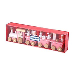 NUOBESTY Christmas Wooden Train Ornament with Snowman and Bear Mini Train Rail Toy Set for Kids Christmas Party Kindergarten Decoration, Pink