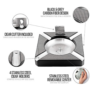 Mrs. Brog Cigar Ashtray with Built-In Cigar Cutter - Holds 4 Cigars - Removable Stainless Steel Bowl - Easy To Clean - Large Ashtray - Perfect Cigar Gift
