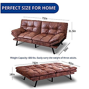 Fangflower Futon Sofa Bed, Faux Leather Memory Foam Couch, Foldable Convertible Sleeper Loveseat, Daybed for Living Room, Brown