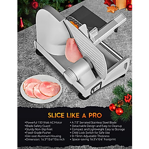 Meat Slicer Electric Deli Food Slicer with Removable 7.5’’ Stainless Steel Blade, Adjustable Thickness Meat Slicer for Home Use, Child Lock Protection, Easy to Clean, Silver, MIDONE