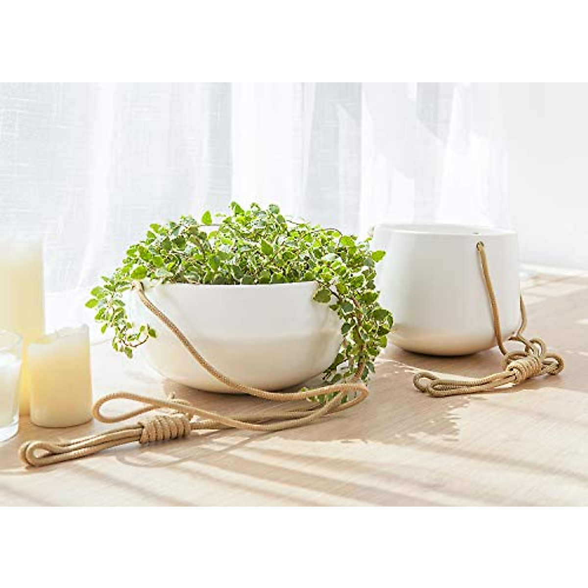 Mkono Ceramic Hanging Planter of Shallow 8 Inch and Deep 6 Inch for Indoor Outdoor Plants, Set of 2 Modern Plant Pot Geometric Porcelain Hanging Basket with Polyester Rope Hanger for Herbs Ferns Ivy