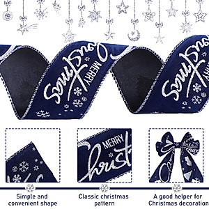 2 Rolls Christmas Wired Ribbon - Red, Green, Navy Blue, Merry Golden Silver for Gift Wrapping - Velvet Fabric for Xmas Home Decoration DIY Crafts, 2.5 Inch (Navy Blue, 10 Yards)