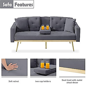 LCH 67.7, Upholstered Convertible Folding Sleeper Sofa Bed with Removable Armrests, Modern Futon Couch for Living Room, Bedroom, 2 Cupholders, Metal Legs, Dark Grey