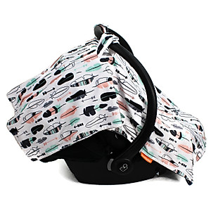 Dear Baby Gear Deluxe Reversible Car Seat Canopy, Custom Minky Print, Woodland Deer Quilt Feathers Pink Mint