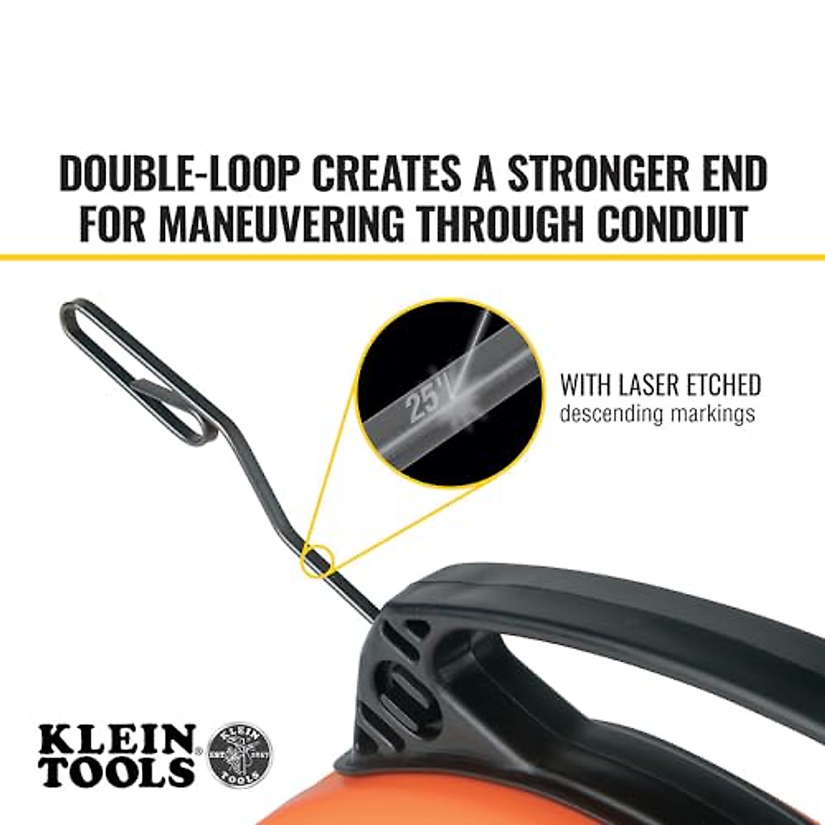 Klein Tools 56331 Electrical Fish Tape, Steel Wire Puller with Double Loop Tip, Optimized Housing and Handle, 1/8-Inch x 50-Foot