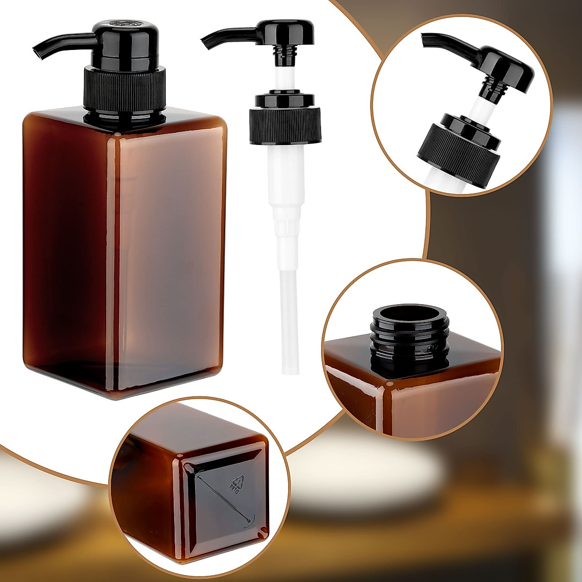 2 Pack 450ml/15.2oz Square Pump Bottle Dispenser Dulinkas Refillable Plastic Lotion Dispenser Empty Lotion Pump Bottle Liquid Container for Essential Oil Soap Lotion Shampoo Amber