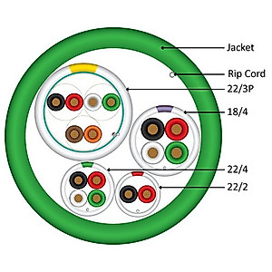 Vertical Cable Access Control Cable Riser: 22AWG/3 Pair Shielded + 18AWG/4 Conductor + 22AWG/4 Conductor + 22AWG/2 Conductor, Stranded Bare Copper Conductors, Green, 500ft Spool