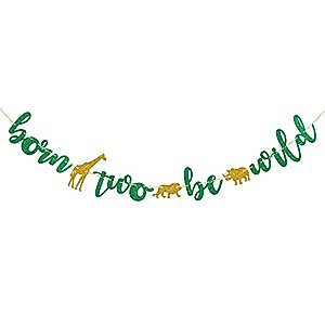 Born Two Be Wild Banner, 2nd Birthday Supplies, Jungle Theme Party Banner Sign, Green Glitter Baby Shower Party Decorations, Cheers to Two Years Old Party Hanging Banner
