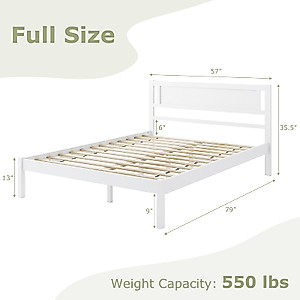 Giantex Wood Full Size Bed Frame with Headboard, Modern Solid Wood Platform Bed with Wooden Slats Support, No Box Spring Needed, Easy Assembly, Full Bed Frame for Kids, Teens, Adults, White