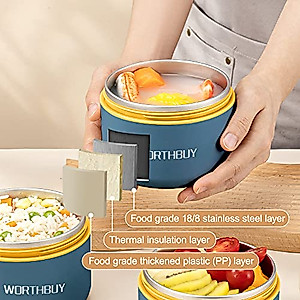 YBOBK HOME Thermal Bento Lunch Box For Food, Portable Keep Warm Lunch Container For Kid Adult To School Work, Stainless Steel Insulated Lunch Box With 2 Separate Microwave Food Containers (Blue 34oz)