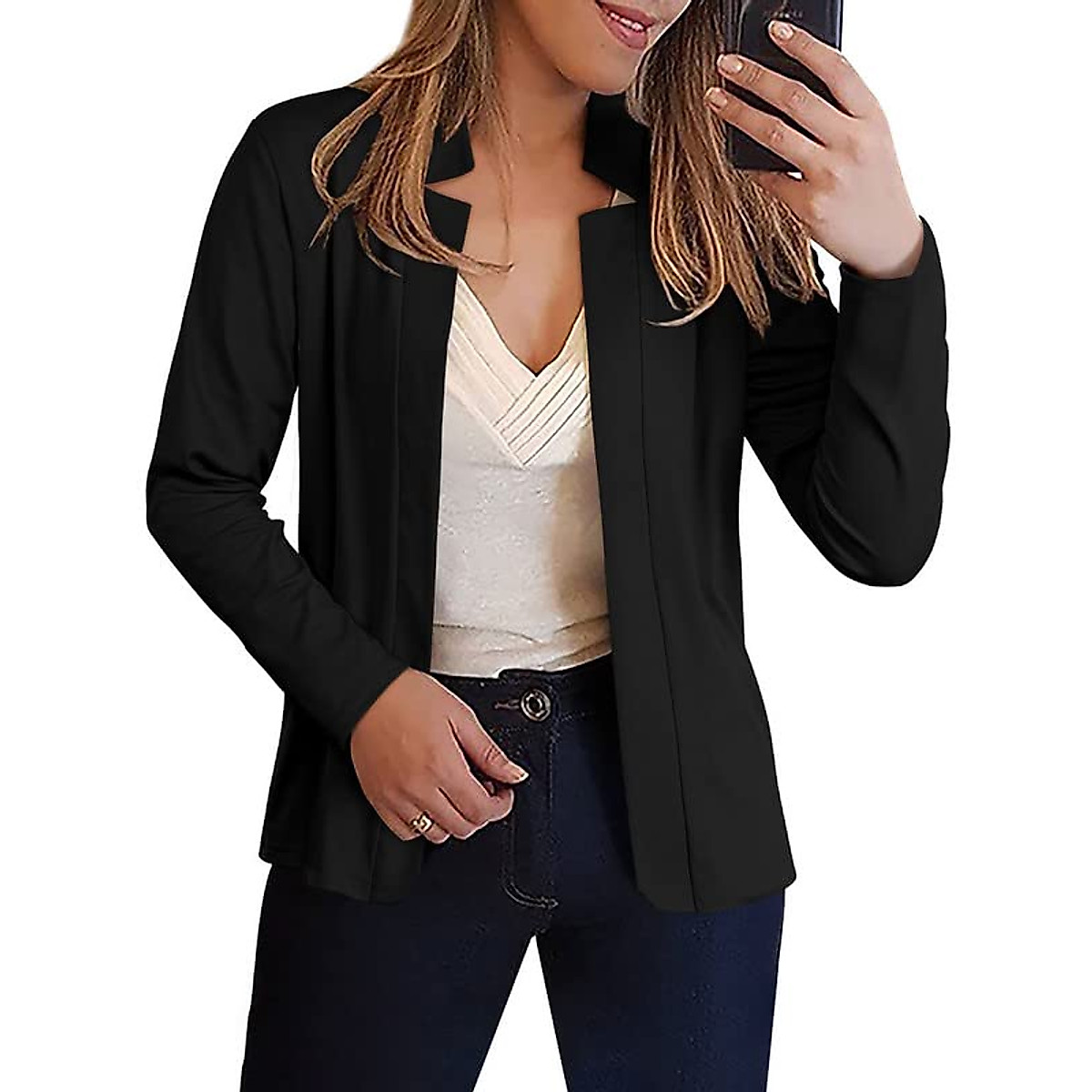 RMCMS Womens Blazer Cropped Open Front Dress Jacket Lightweight Stand Collar Casual Office Suit Jacket Black