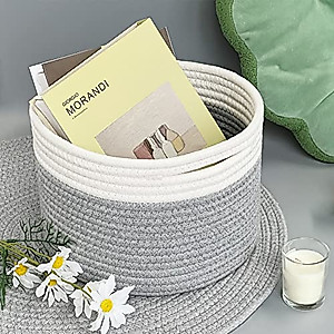 Small Rope Basket small basket Round woven basket with Handle Cute Cotton Basket 9.5 * 9.5 * 7.1 inches Nursery Shelf Small Storage Basket Splicing Grey White Color Design Style Capacity 8.2L