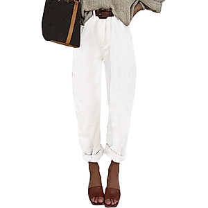Astylish Women White Jeans High Waist Casual Loose Boyfriend Cropped Mom Denim Pants White Size 18