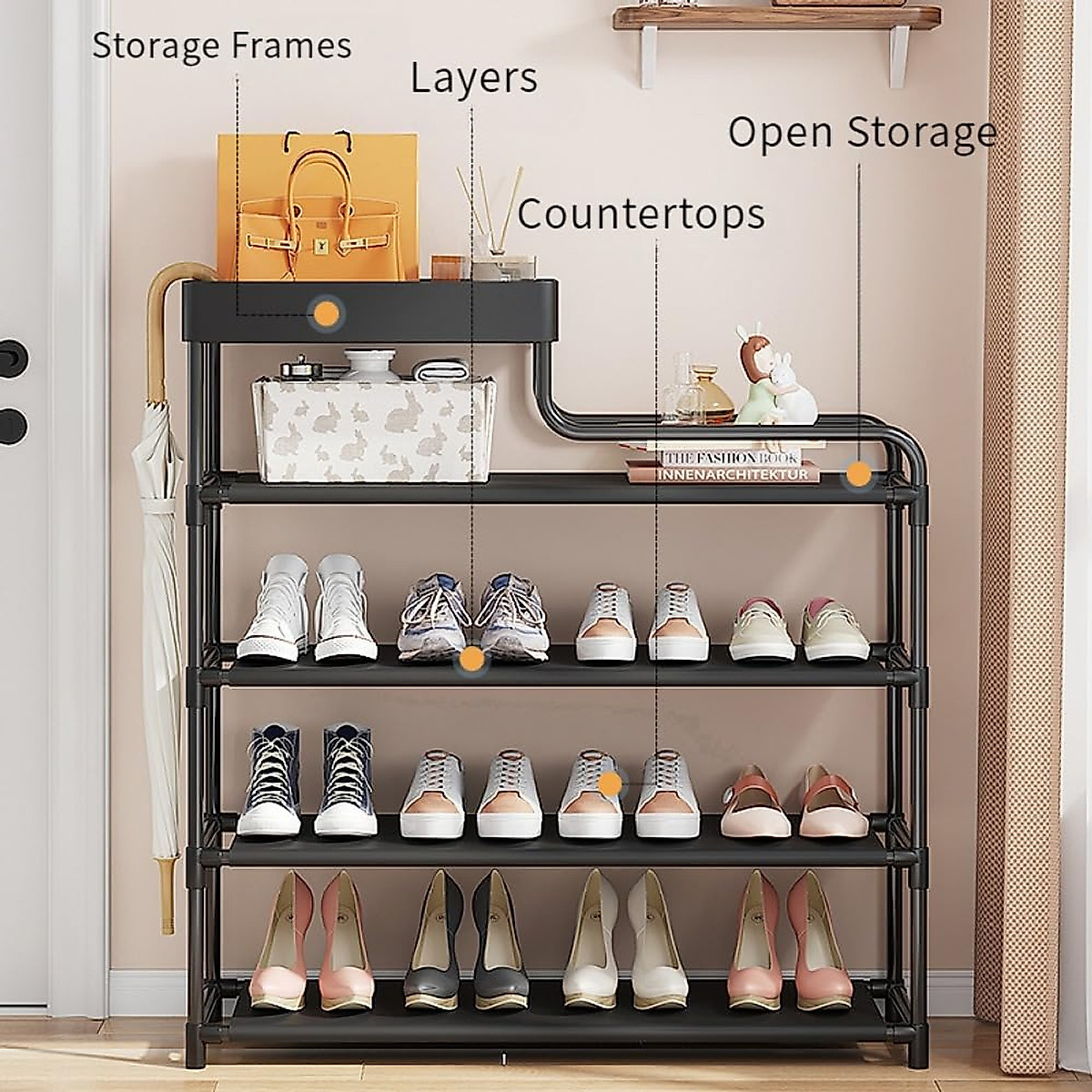 Johofiow Versatile Shoe Cabinet with Storage Rack,Entryway Shoe Rack, Shoe Stand for Closet,Stackable Boot & Shoe Storage,for Entryway,Hallway,Living Room,Closet (White, 4-Tier)