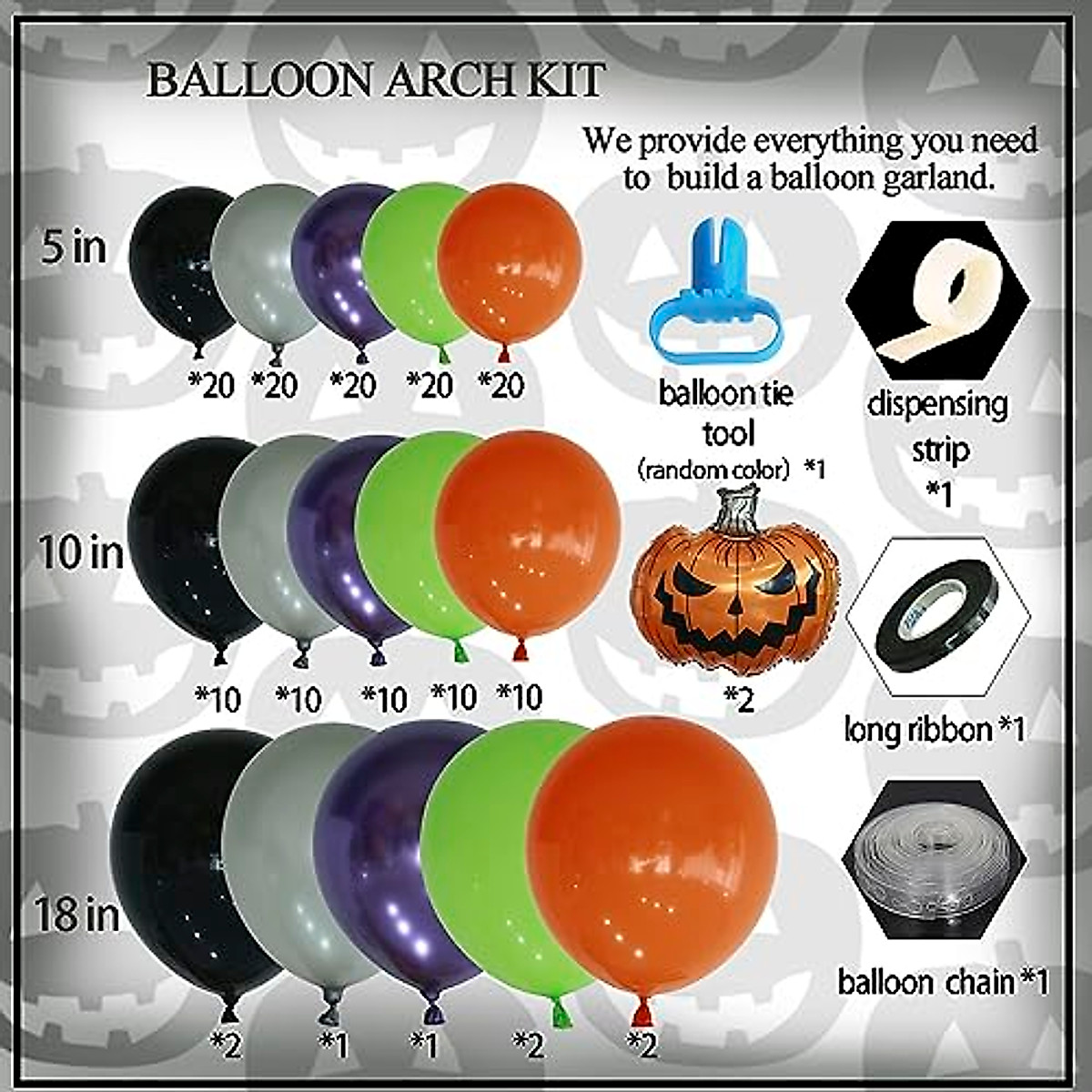 INFLORAL Play Balloon Garland Kit with 164 PCS Black Sliver Green Metallic Purple Orange Balloons and Pumpkin Balloon Garland Kit for Party Decorations