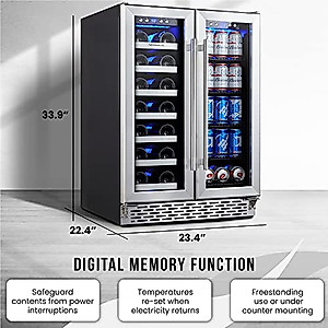 Phiestina Wine Cooler Beverage Refrigerator, 24” Beer Wine Fridge with Dual-Zone Digital Temperature Control, Glass Front Doors and Interior Lighting Holds 20 Bottles and 72 Cans on Removable Shelves