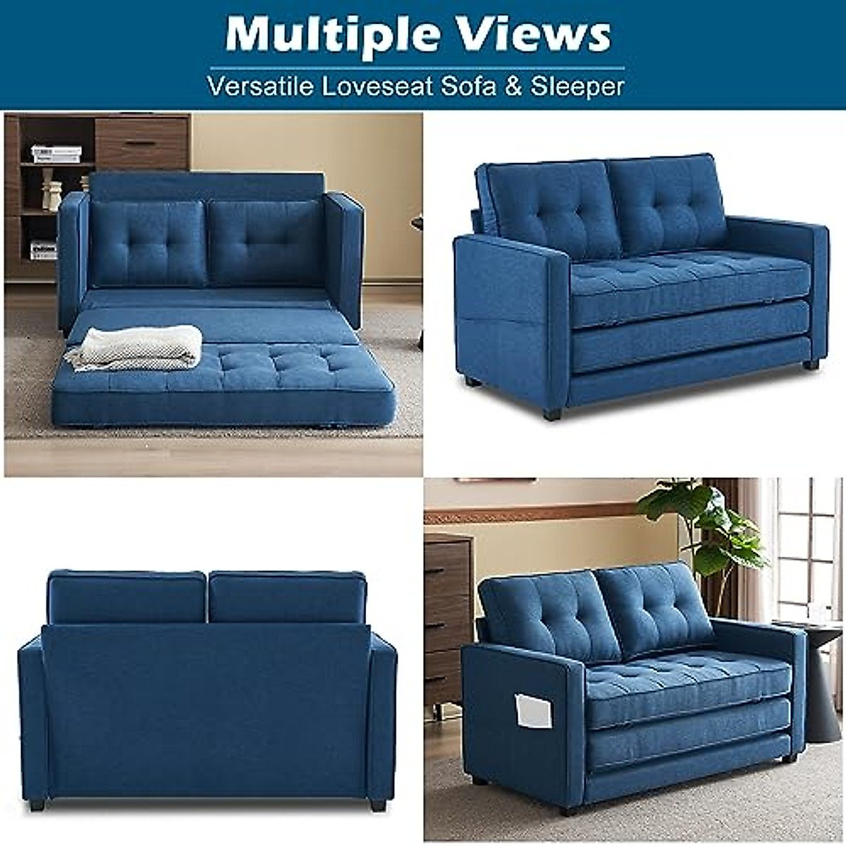VINGLI Upgraded Loveseat Sleeper, 53.5" W 80" L Convertible Sofa Bed Couch Futon Couches for Living Room, Folding Couch Bed for Small Spaces, Foldable Floor Gaming Sofa Bed for Basement, Navy Blue