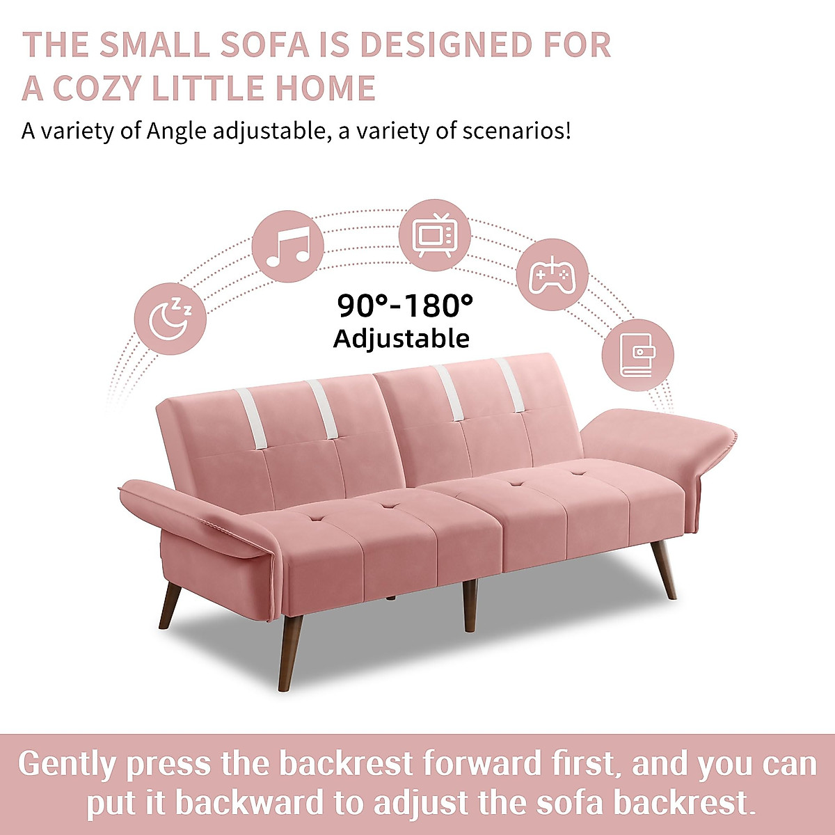 Shintenchi Futon Sofa Bed Modern Folding Sleeper Couch Bed for Living Room,Velvet Loveseat Sofa Couch Sofa cama for Apartments Office Small Spaces,w/Adjustable Armrests Backrest,Pink