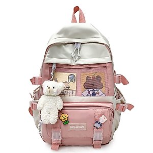KOWVOWZ Kawaii Backpack with Pins Cute Aesthetic Plush Pendant for Girl Back to School Bag (Pink)